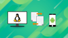 tux, the mascot of linux is seen inside a monitor on the left, an illustration to show transfer of files in the middle, and the android logo inside a smartphone on the right