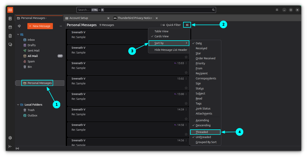 Enable and Disable Message Threads in Thunderbird