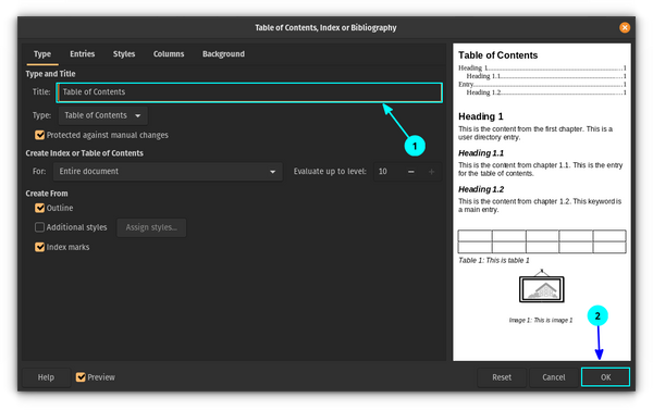 Create Table of Contents and Figures in LibreOffice