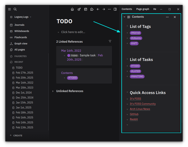 Journals and Contents: Two Special Pages in Logseq
